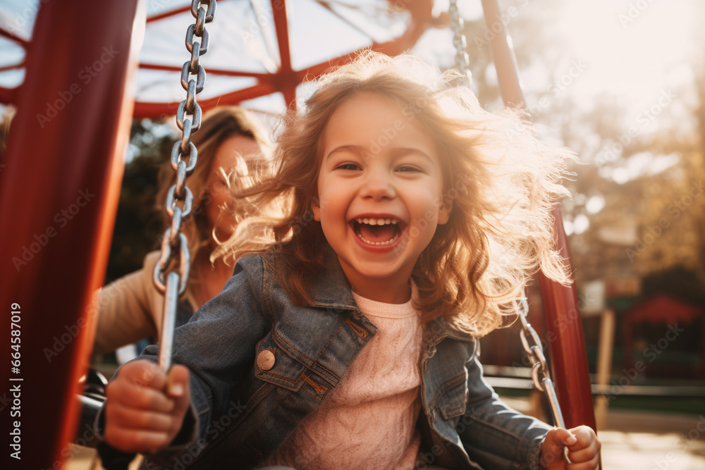 Foto de Little girl swinging on a swing in the playground and her ...