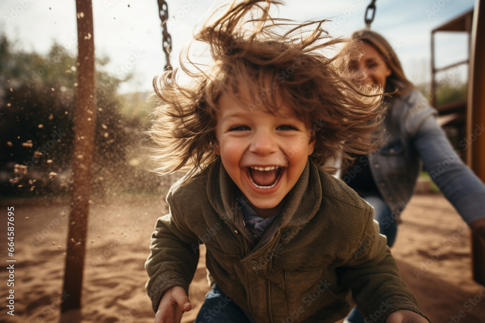 Little boy swinging on a swing in the playground and his mother ...