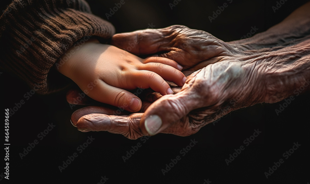 Grandma embracing hands with little child. Grandmother. Opposite sides ...