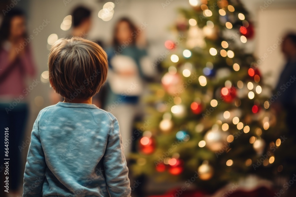 Child with their backs looking at the Christmas tree and family in the ...