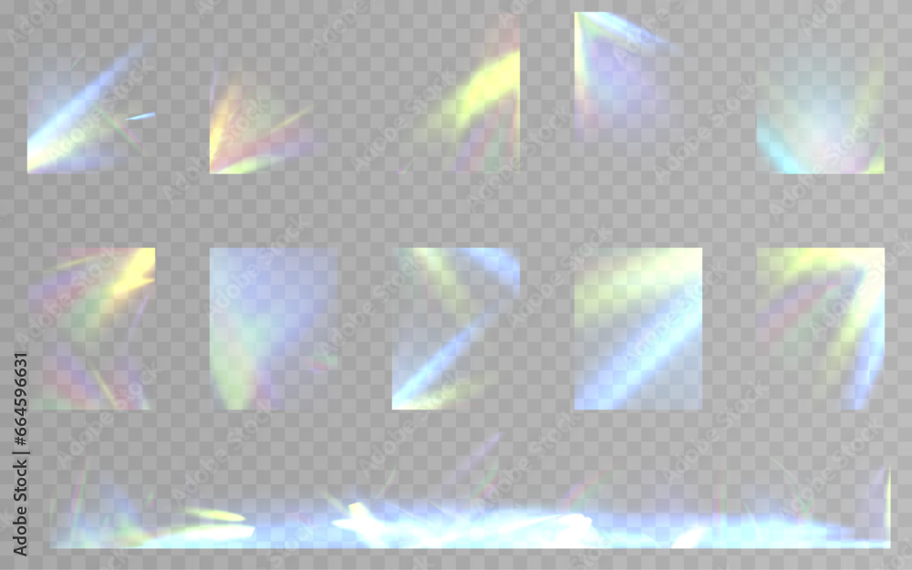 Rainbow light rays, lens flare, reflection effect from crystal, glass ...
