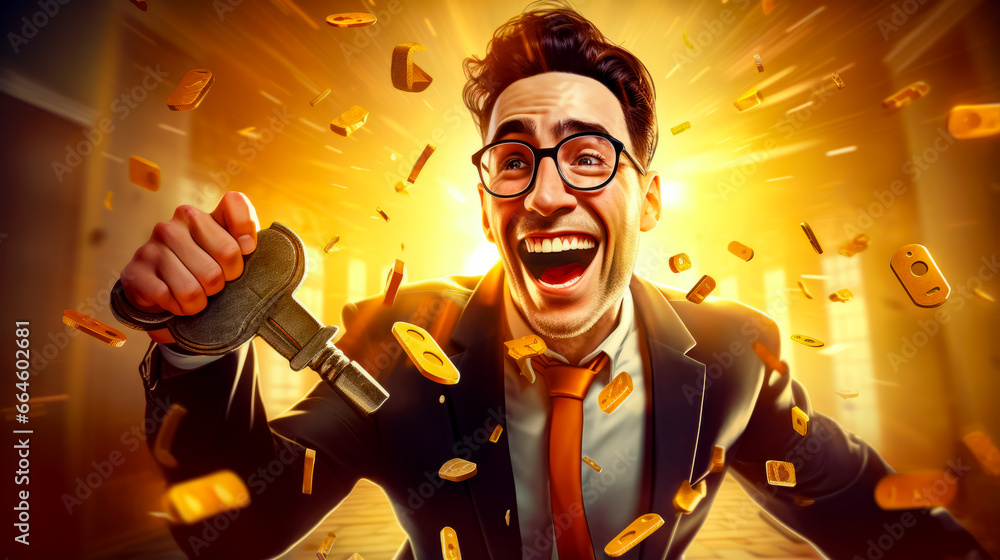 Man in suit and tie holding hammer with gold coins coming out of it ...