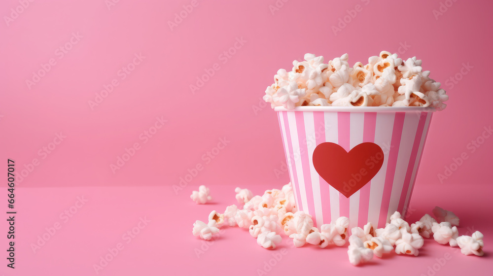 pink bucket of popcorn stands on a plain background, heart, romance ...