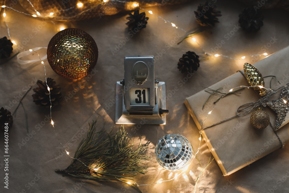 Christmas composition. New Year eve. December 31 on calendar on a craft ...