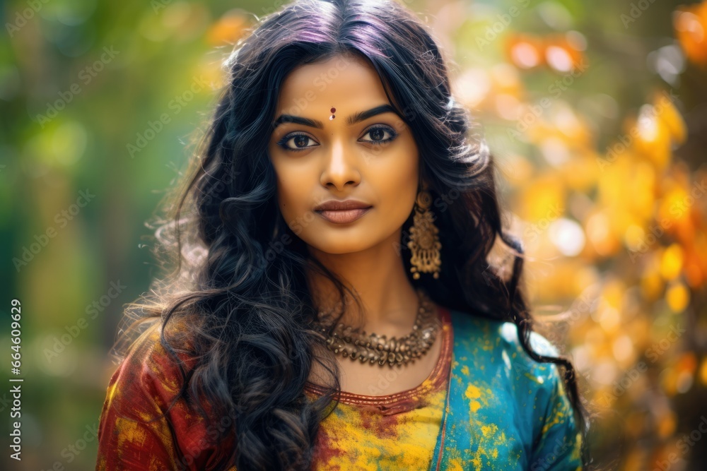 Portrait of a beautiful Indian woman in the national costume of a sari ...