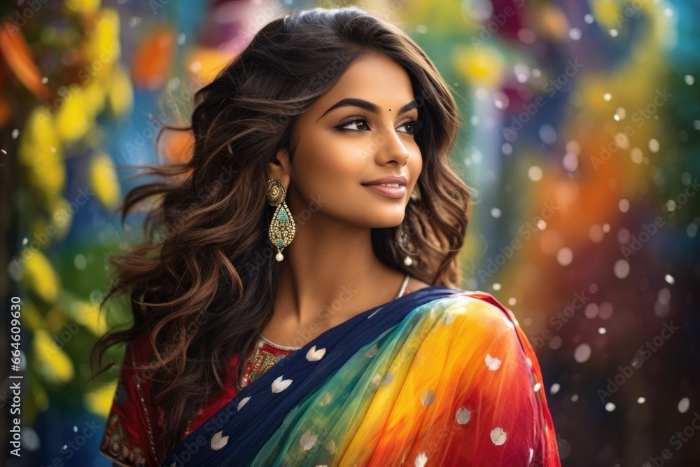 Portrait of a beautiful Indian woman in the national costume of a sari ...