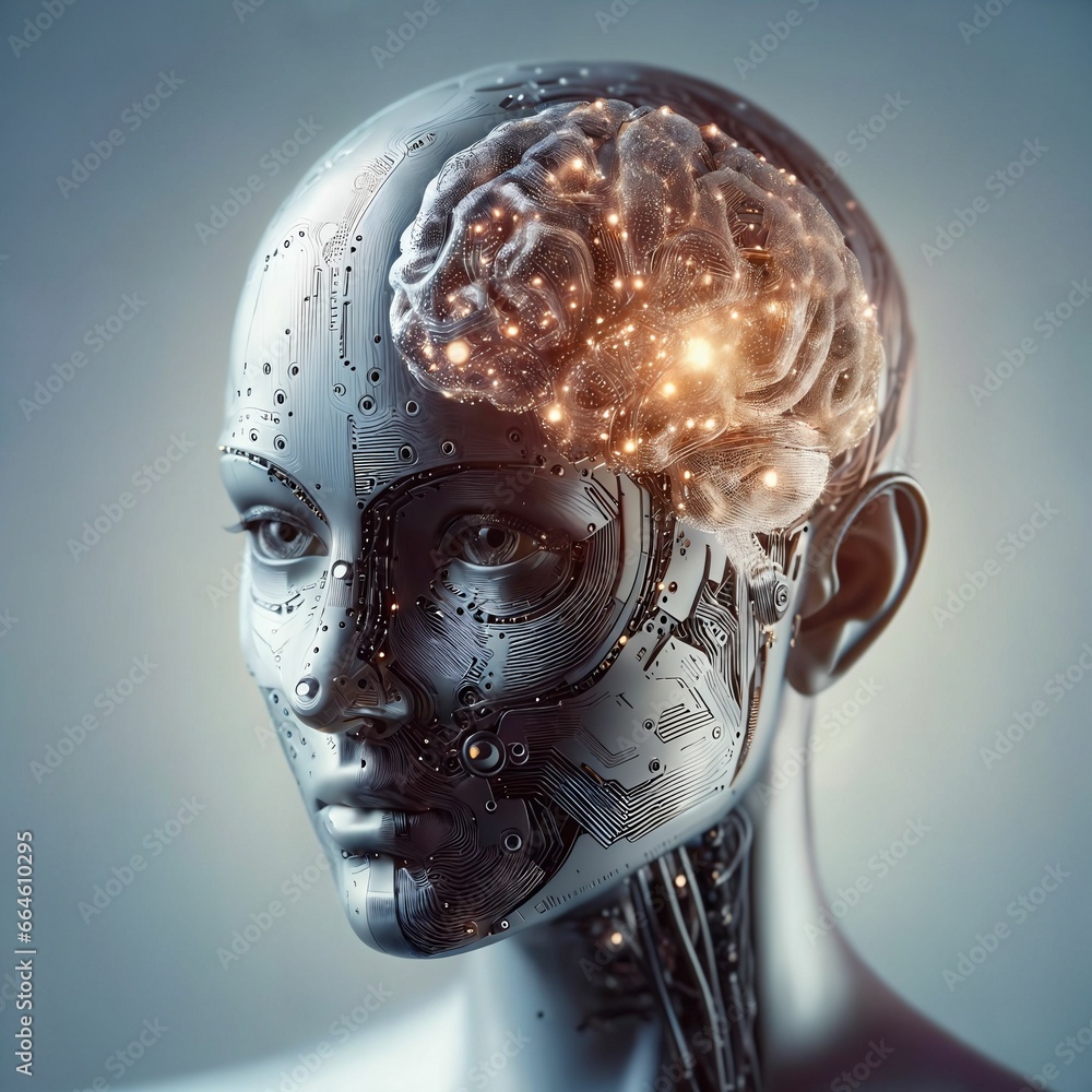An artificial human being. The face and brain of an android. Artificial ...