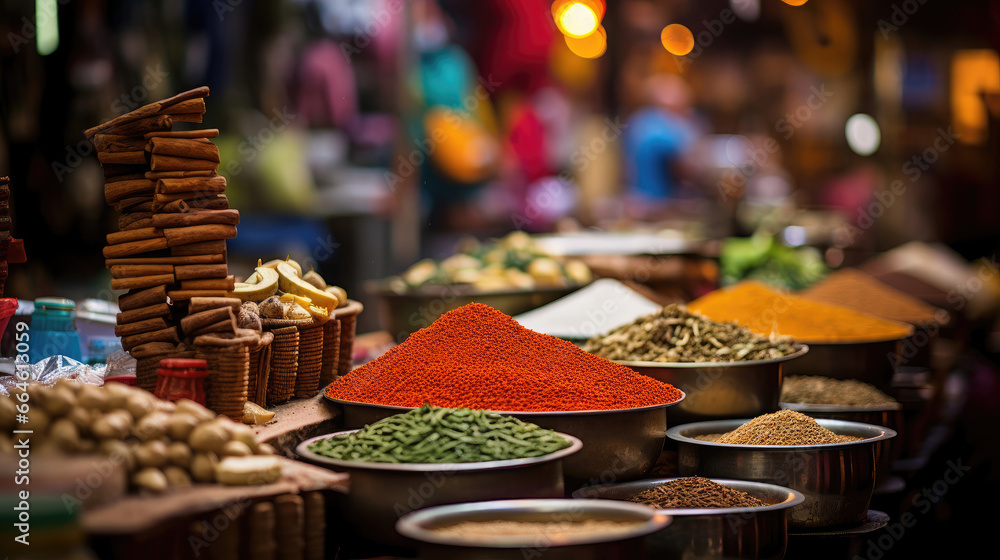 Bustling Indian Spice Market with Vibrant Displays of Colorful Spices ...