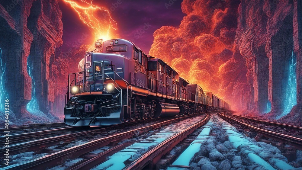 train at night freight train to hell driving through fire and ice, with ...