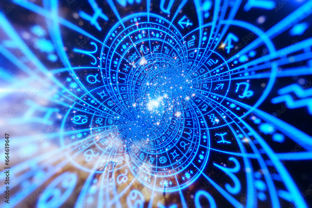 Zodiac spiral and signs of the zodiac in space. Astrology, horoscopes ...