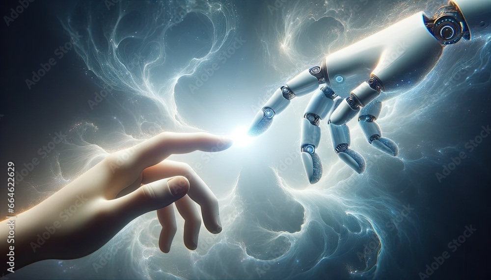 Human hand and a robot hand coming together, their fingers touching in ...