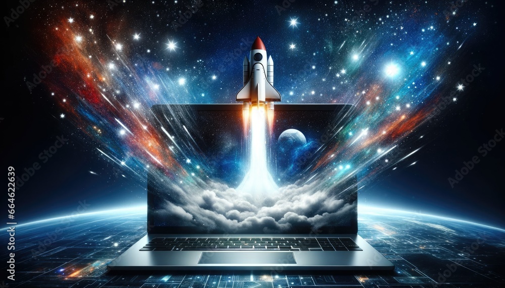 Laptop screen coming to life as a space rocket bursts forth from it ...