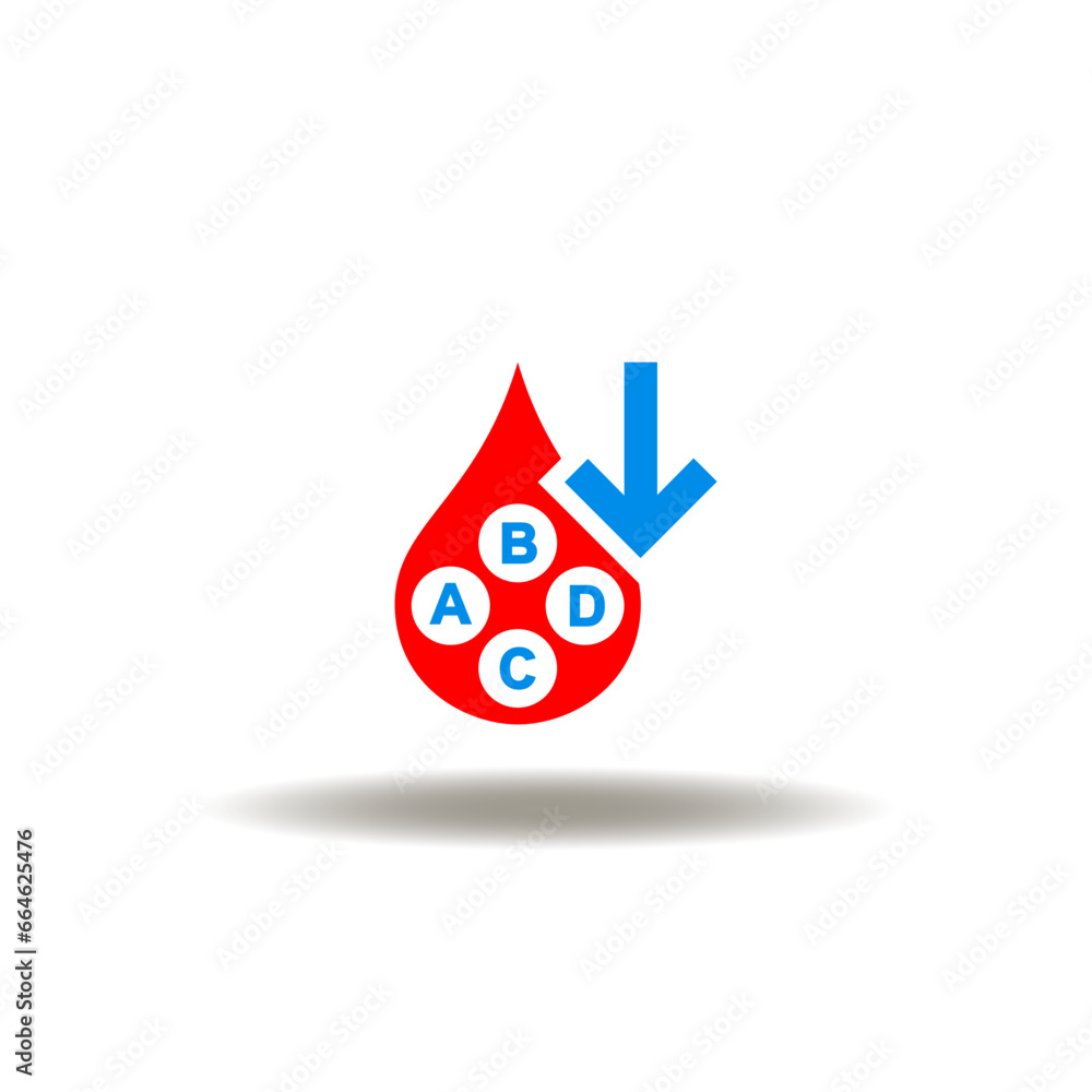 Vector illustration of blood drop with A B C D vitamin and arrow down ...