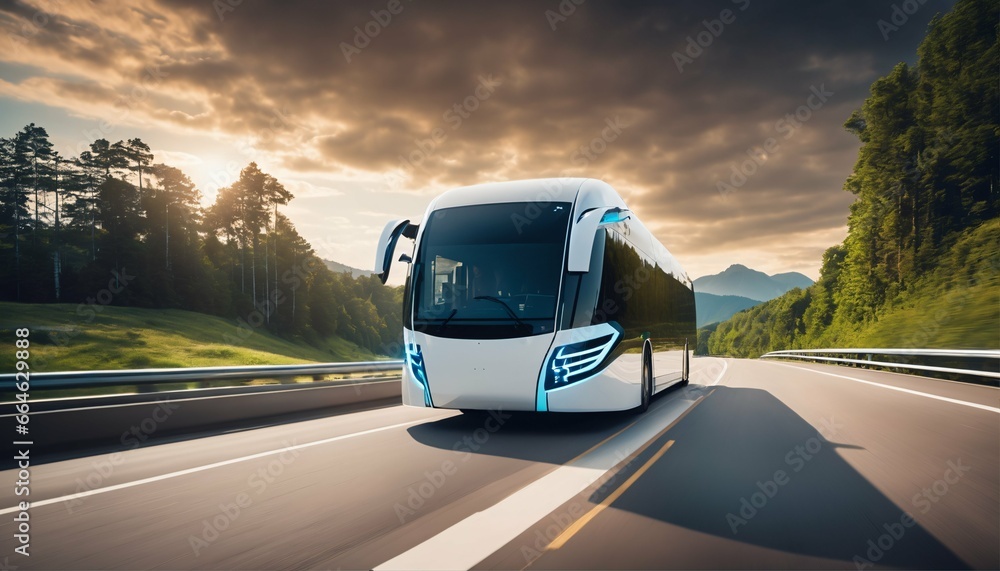 Futuristic autonomous bus: Electric vehicle driving on open highway ...