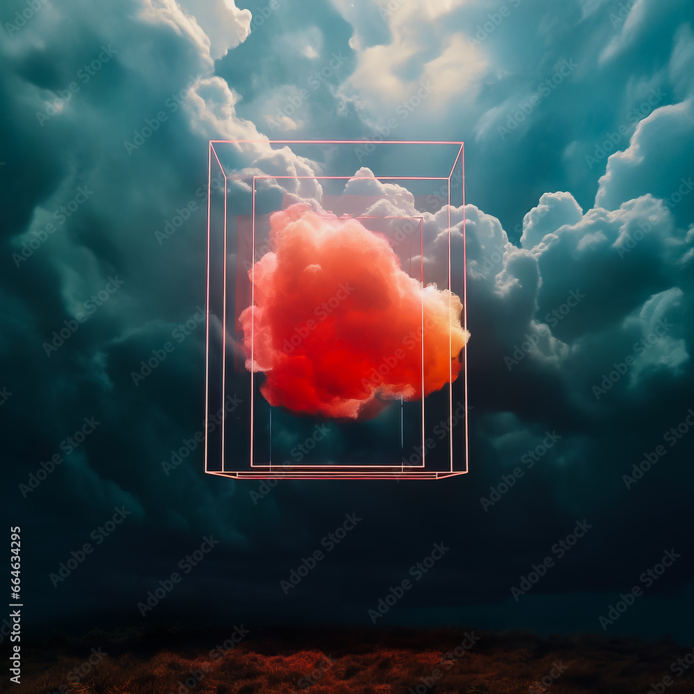 Abstract futuristic concept. A neon cage that levitates in the void ...