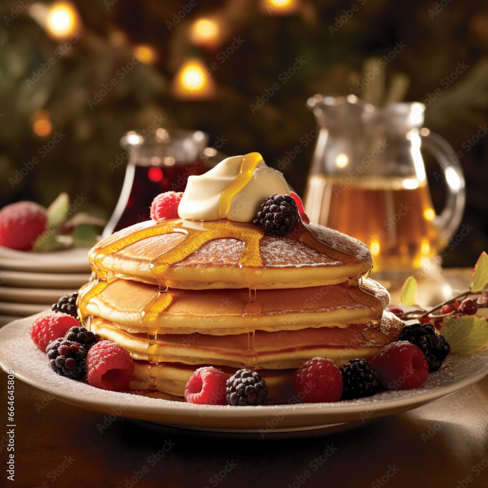The picture captures a stack of indulgent American pancakes drenched in ...