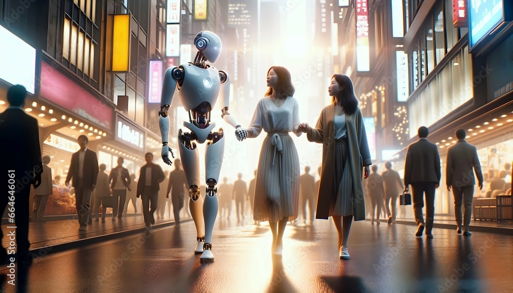 Humans and robots concept background, women walking with Robot in the ...