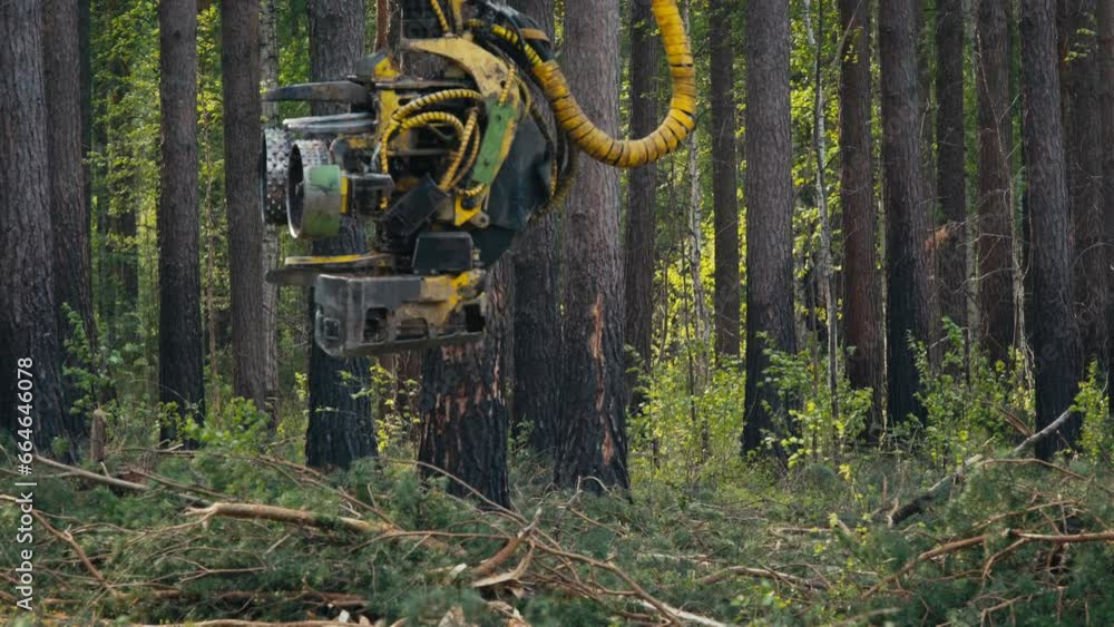 Industrial machine collecting wood material in the forest. Industrial ...