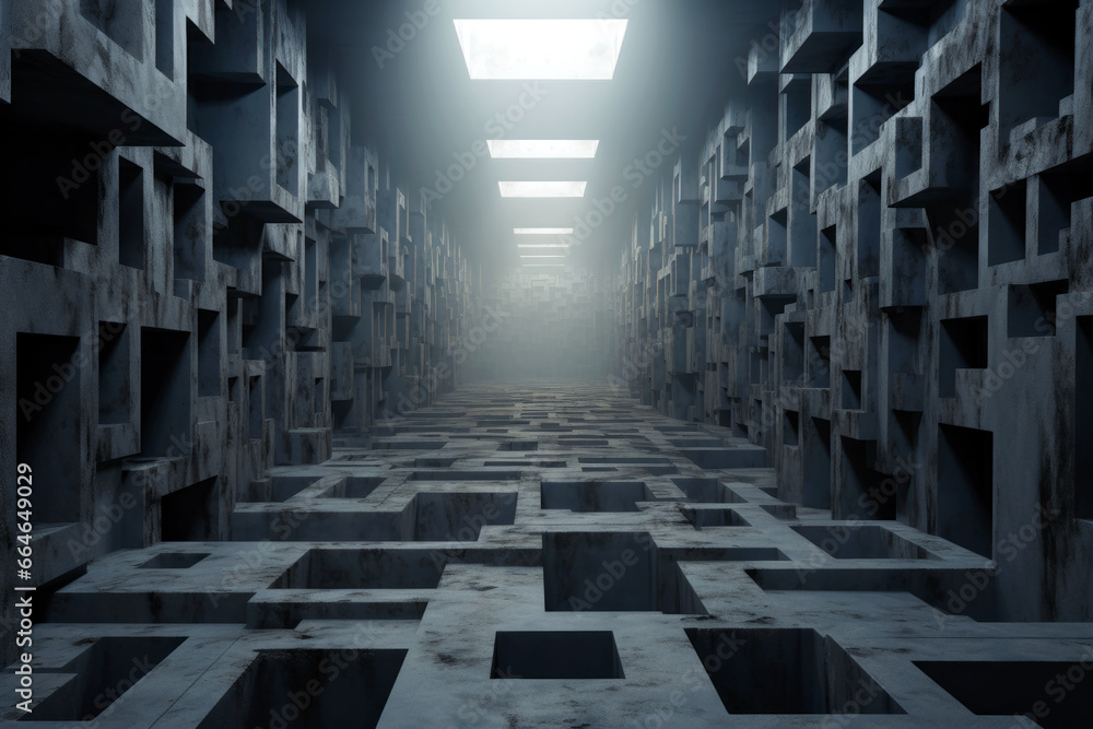 Scary concrete corridor like maze, spooky structure with strange walls ...