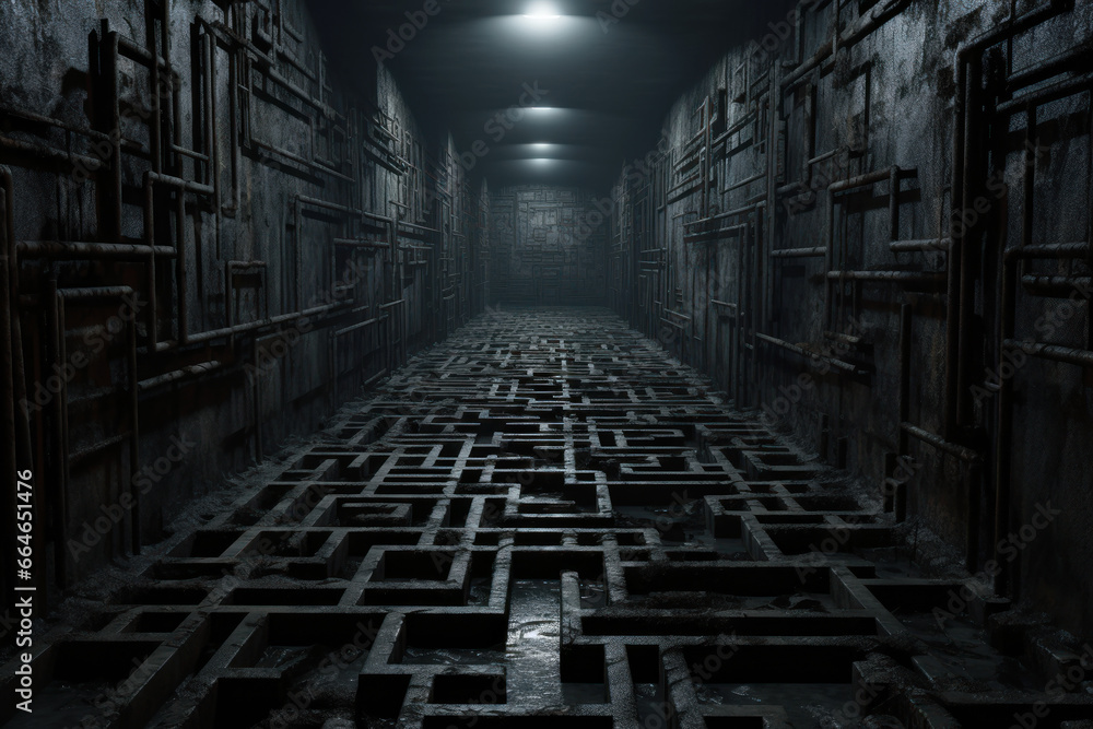 Creepy dark room with maze floor, scary corridor as surreal labyrinth ...