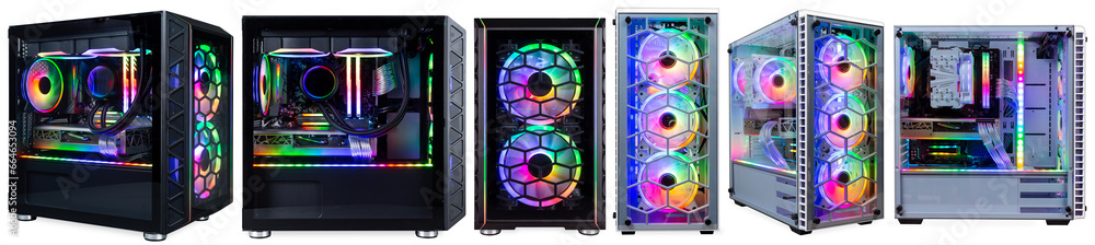 set collection of black and white custom gaming pc computer with glass ...
