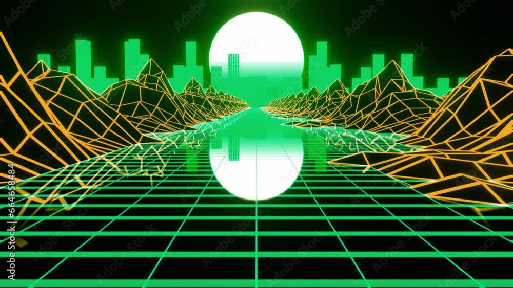 Seamless loop retro 1980s animation flying through the rocks to the sun ...