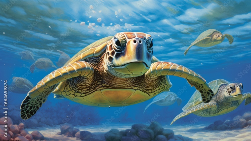 A close encounter with a family of sea turtles, each one bearing ...