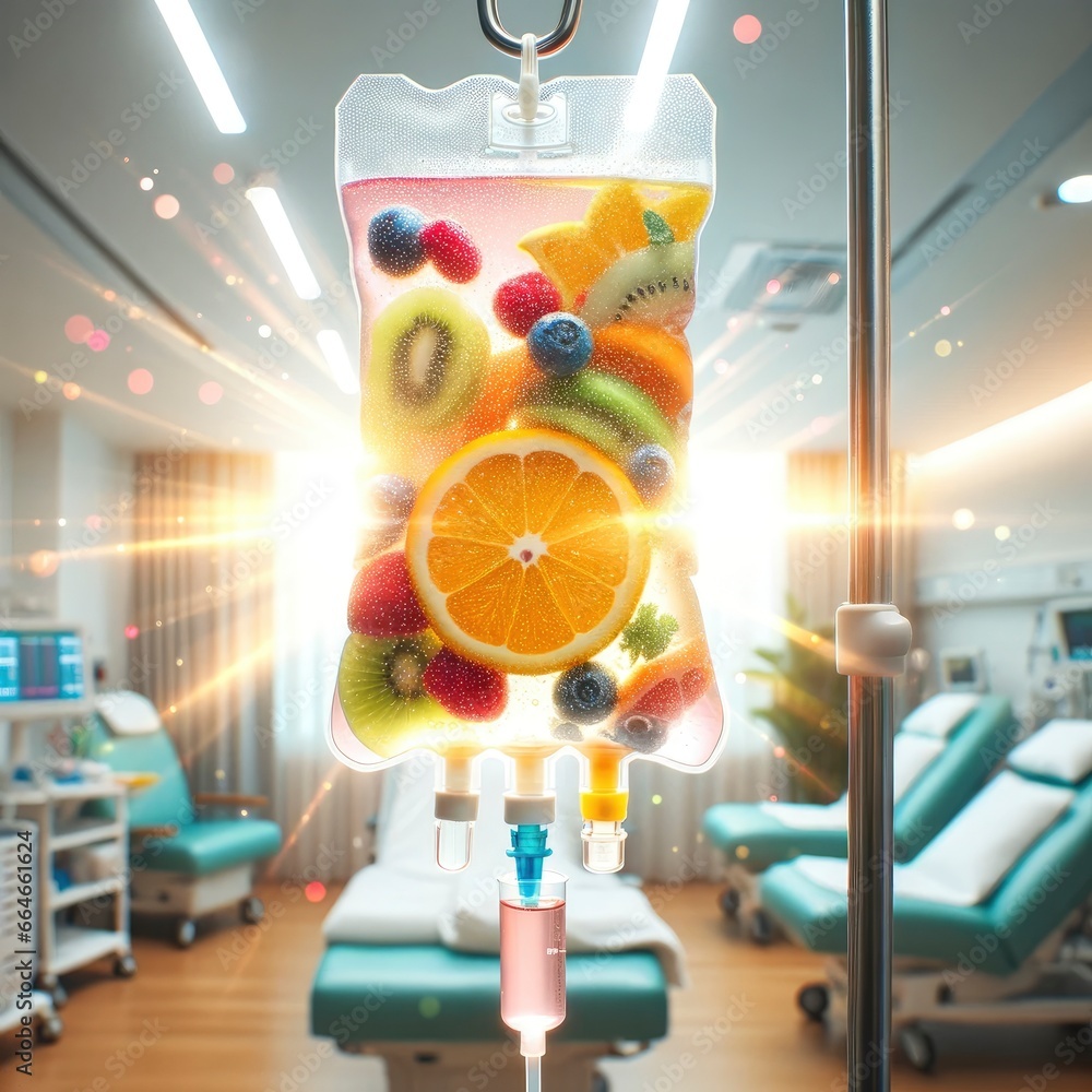 In a well-lit clinical room, an IV drip bag filled with vitamin ...