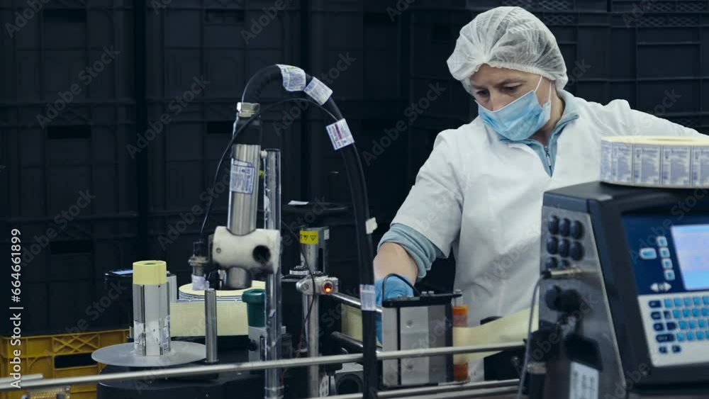 Female worker is handling the industrial machine at the factory. Worker ...