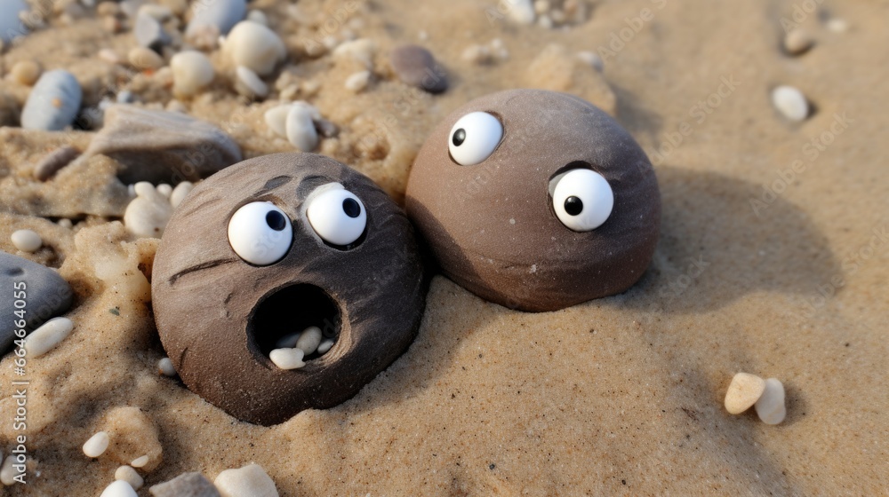 Quirky round tumbled beach rocks with googly eyes on a sandy coastal ...