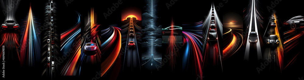 An ultra-wide collage capturing the exhilaration of fast cars streaking ...