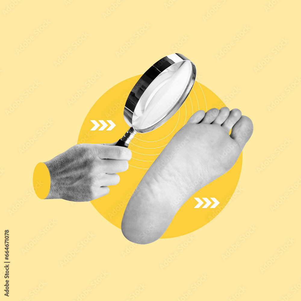 Check patient foot, magnifying glass checking foot, hand with ...