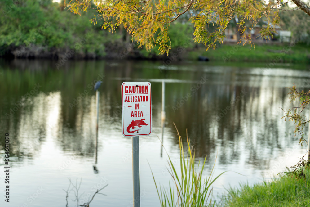 Alligator warning sign in Florida park about caution and safety during ...