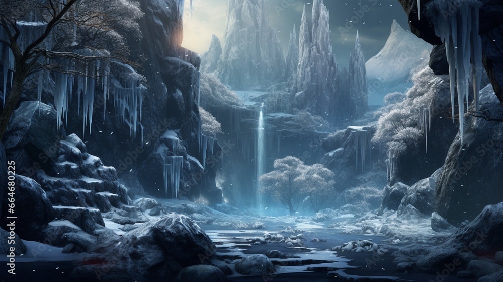 A frozen waterfall surrounded by jagged cliffs, their surfaces ...