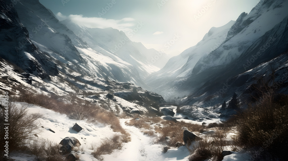 A sunlit day in the snow-covered mountains, a snowy path meandering ...