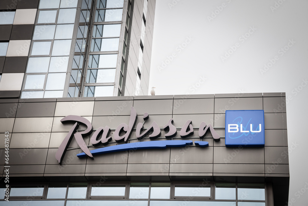 RIGA, LATVIA - AUGUST 20, 2023: Logo of Radisson Blu in front of their ...