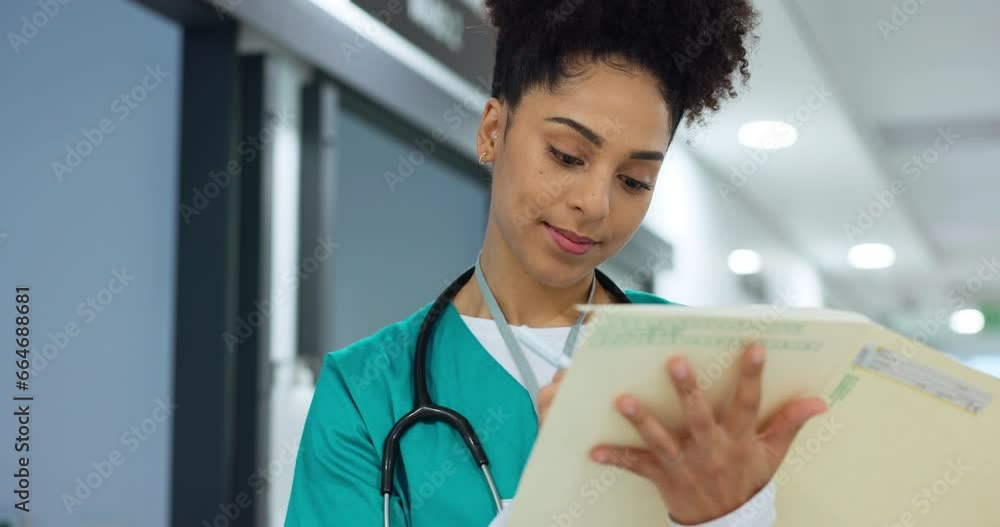 Writing, notes and nurse with document in hospital for insurance ...