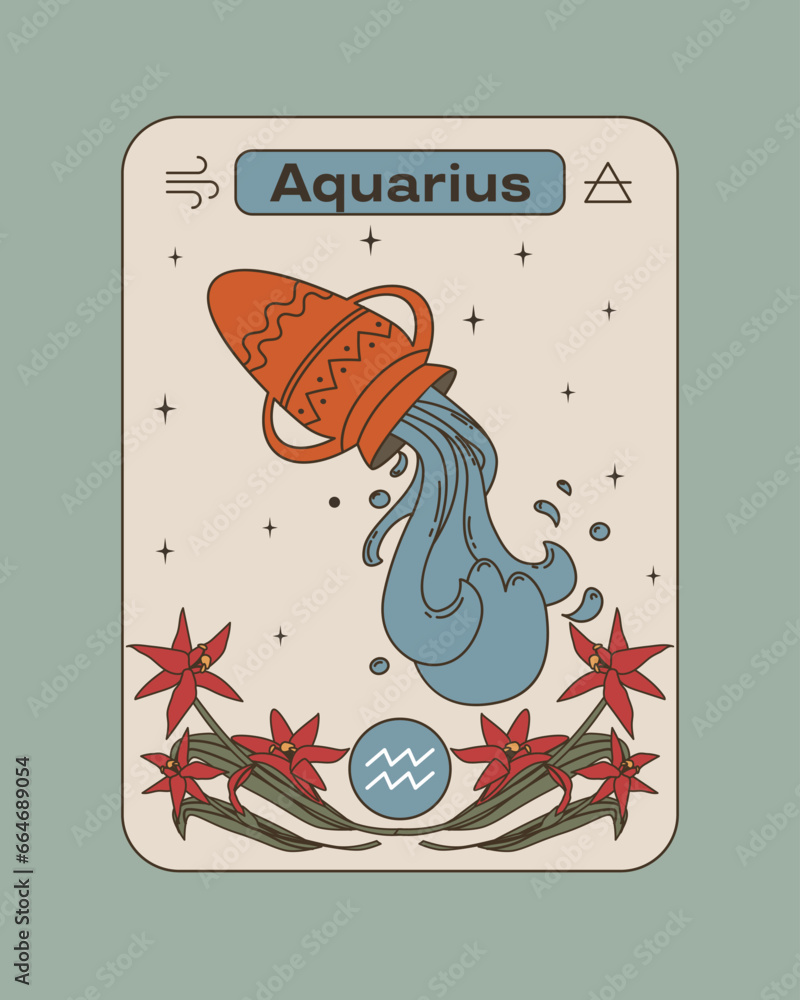 Water is pouring from a jug. Aquarius is a zodiac sign. Red flowers ...
