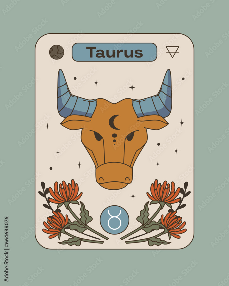 zodiac sign Taurus. Bull's head. Red flowers, astrology sign. Animal ...