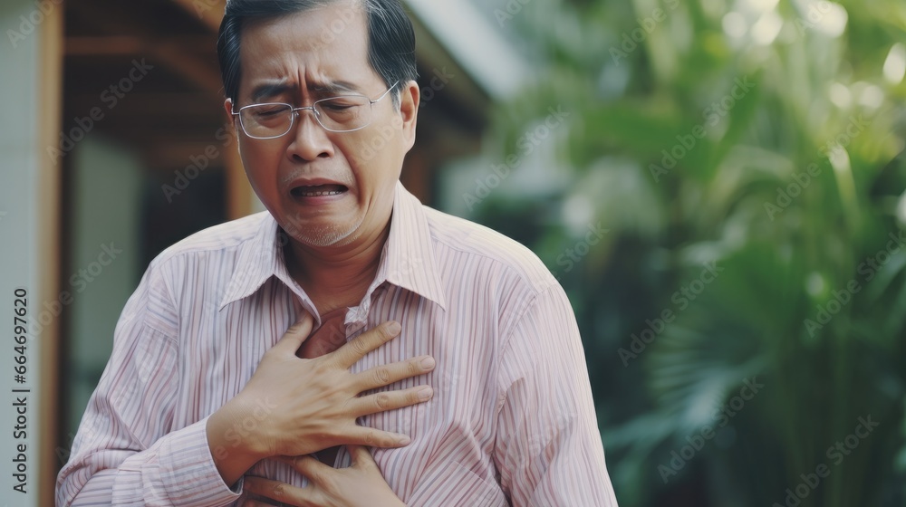 hand hold chest with heart attack symptoms, man working hard have chest ...