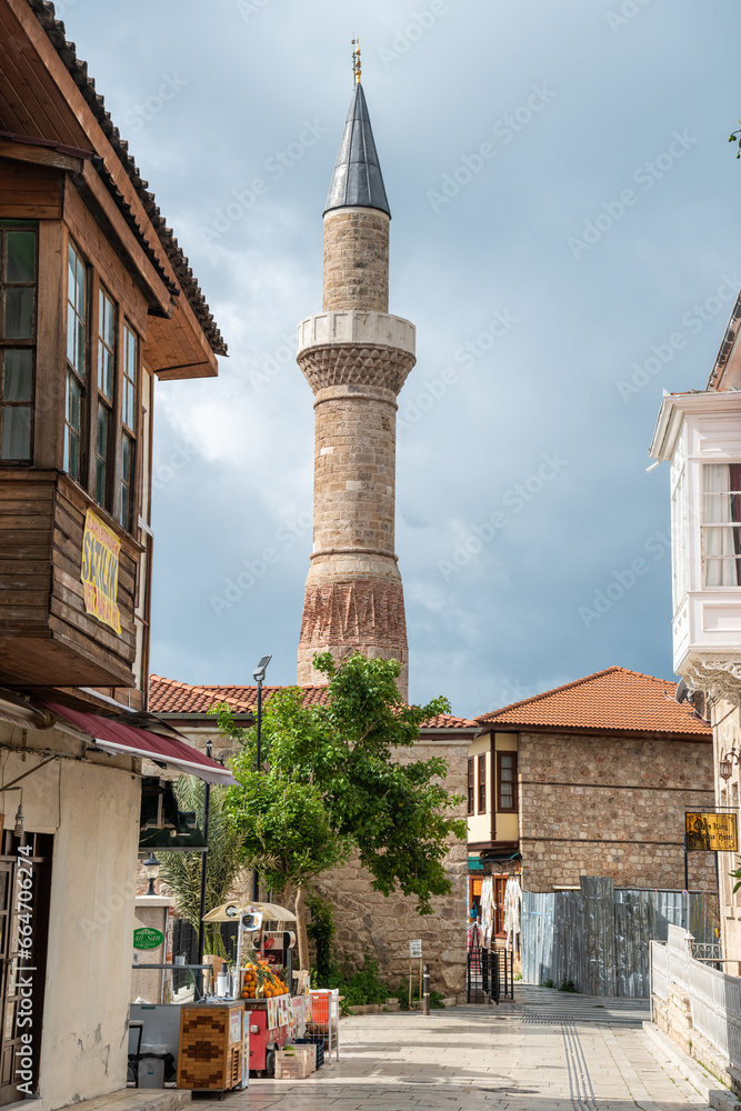 Street view in Kaleici historic district in Antalya, Turkey, toward the ...