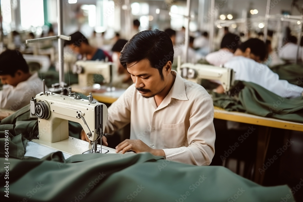 Asian sewing worker male workers in textile factory busy sewing with industrial sewing machines ...