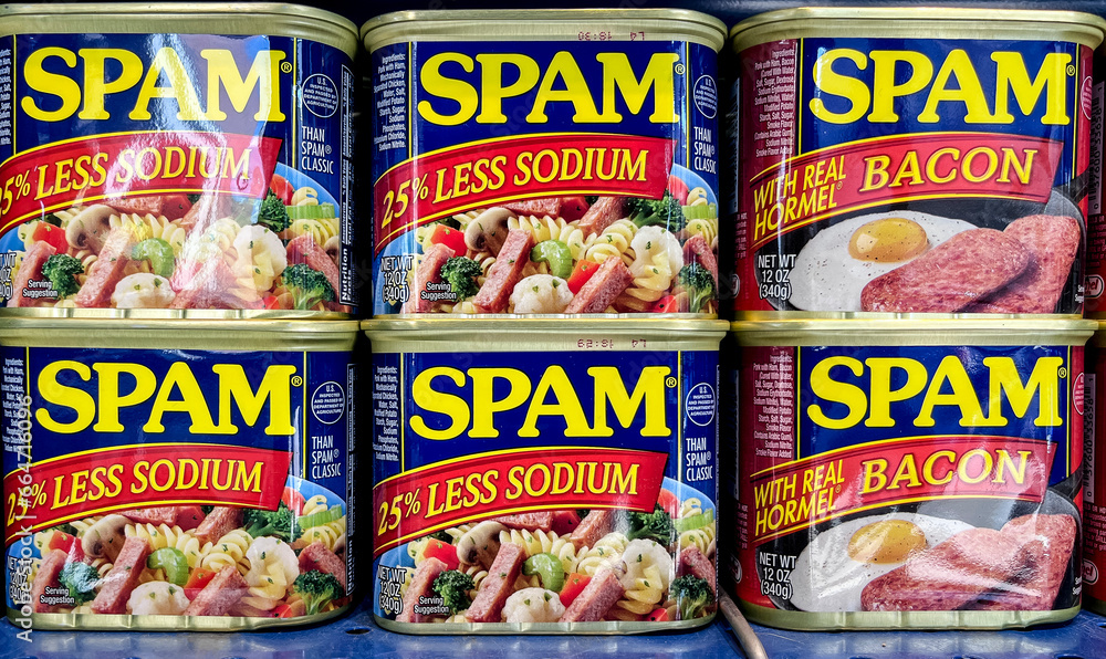 25% Less Sodium cans of Spam on a shelf. Stock Photo | Adobe Stock