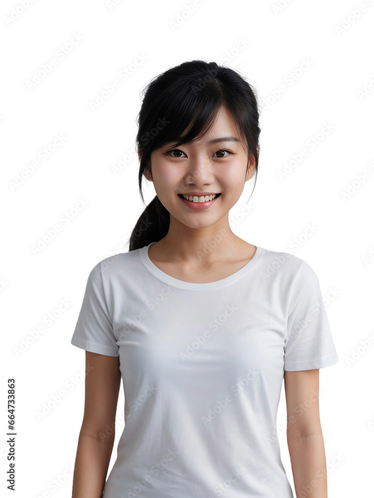 Beautiful Asian girl wearing a white shirt smiling and looking at the ...