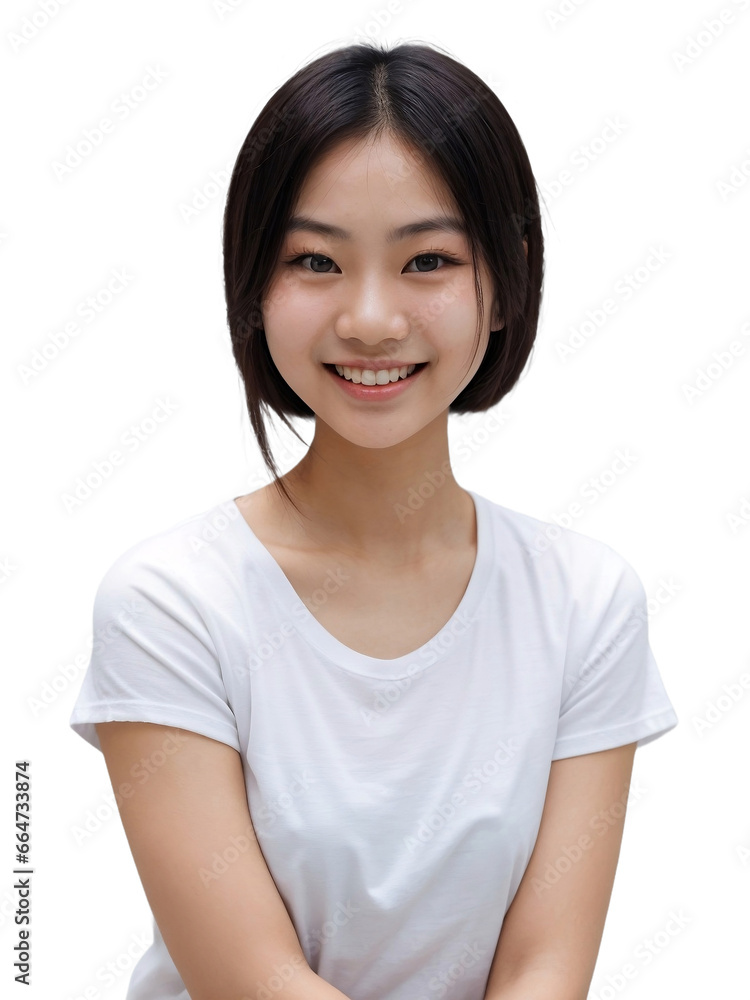 Beautiful Asian girl wearing a white shirt smiling and looking at the ...