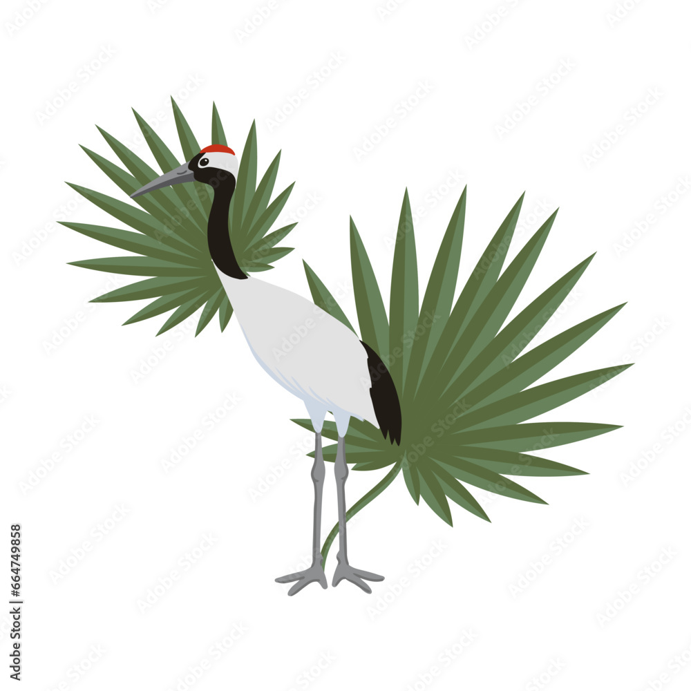 vector drawing sketch of bird, hand drawn red-crowned crane and green ...