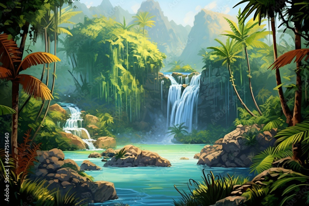 Scenic cartoon waterfall in a rainforest with cascading water over ...