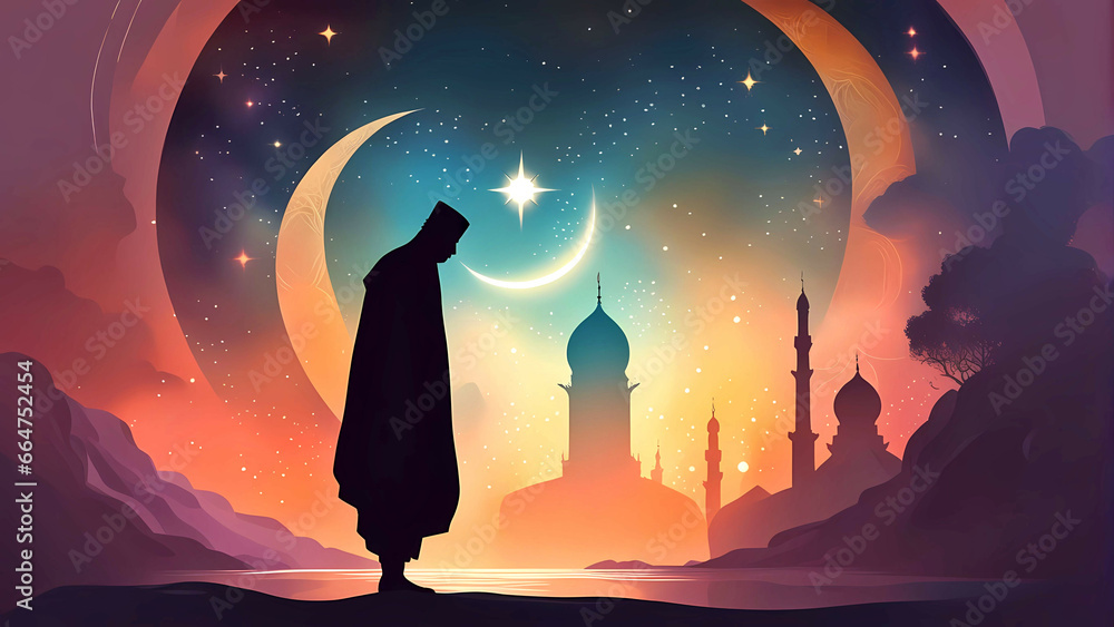 Silhouette of a muslim man bowing his head in front of a mosque. Stock ...