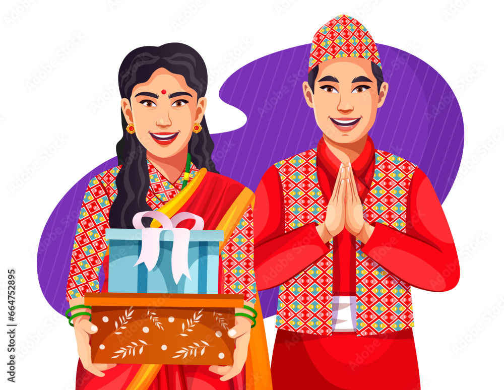 Smiling Nepalese couple greeting wearing a traditional dress standing ...