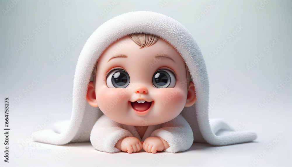 baby doll face. Highly detailed 3D representation of a cheerful baby ...